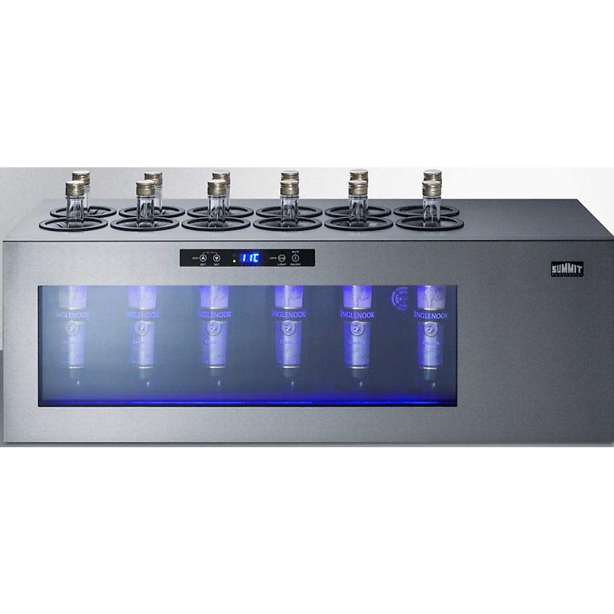 Summit Appliance STC12 12 Bottle Wine Cooler; Auto Defrost; Upright Bottle Storage; Digital Thermostat; Display Window; Temperature Memory Function; Temperature Alarm; Adjustable LED Lighting