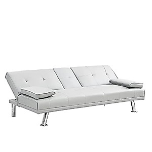 Verfur Button Tufted Convertible Futon Sofa, Foldable Reversible Loveseat Sleeper Couch w/Adjustable Backrest,Comfy Small Daybed Guest Bed Sofabed, White PU