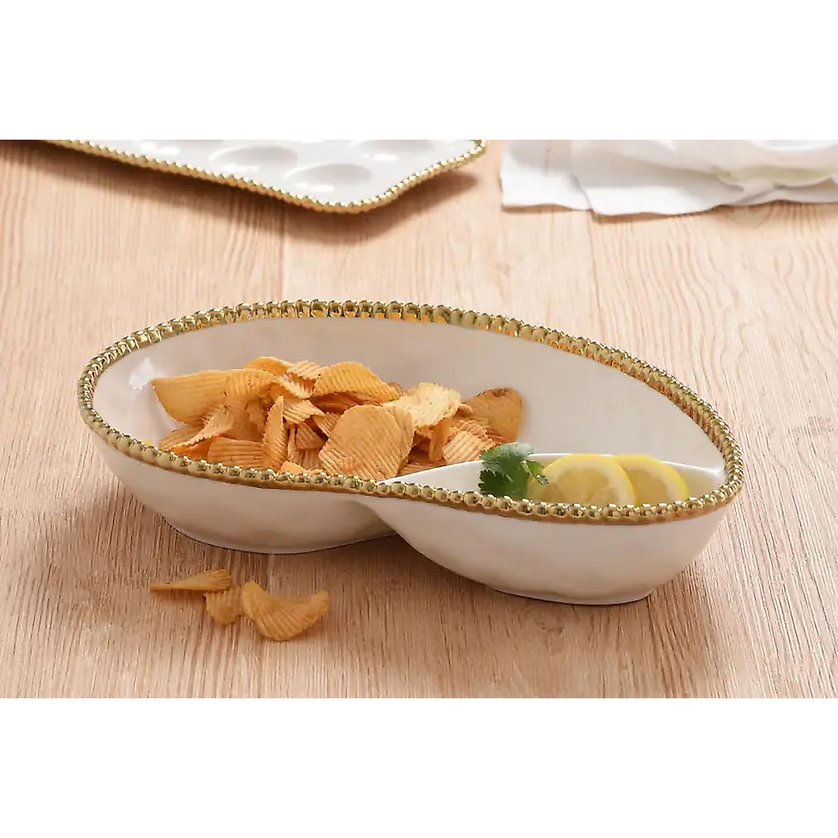 Pampa Bay Titanium-Plated Porcelain 2 Section Serving Piece, 13.8 x 9 Inch, Gold/White Tone, Oven, Freezer, Dishwasher Safe