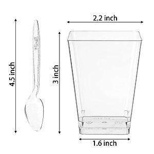 Legredic 50 Pack 5 oz Square Dessert Cups with Spoons, Clear Plastic Parfait Cups for Party, Mini Serving Shooter Appetizer Cups, Dessert Shot Glasses for Tasting Samples Fruit Ice Cream