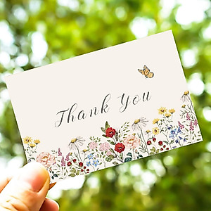 ChicRosa 24 Pack Wildflower Thank You Cards Bulk Vintage Flower Greeting Cards with Kraft Envelope Sticker Retro Floral Blank Note Cards for Birthday Wedding Baby Shower Bridal Shower, 4 x 6 Inch