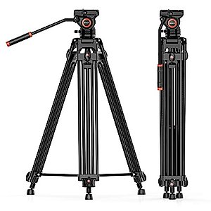 GEEKOTO Video Tripod System, 72 inches Heavy Duty Tripod, Professional Aluminum Twin Tube Tripod, K3 Fluid Head, Mid-Level Spreader, Max Loading 33 LB, 360 Degree Fluid Head for DSLR Camcorder Camera
