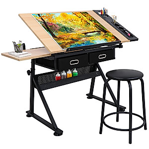 NOVA MICRODERMABRASION Adjustable Height Drafting Desk Drawing Table Tiltable Tabletop for Reading, Writing Art Craft w/Stool and Drawers