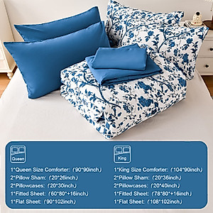 LLDSYW King Size Comforter Set - 7 Pieces Bed in a Bag Soft Microfiber Bedding Comforter Set Leaves Floral Pattern on White Comforter Sets with Sheets for All Seasons (King, Blue)