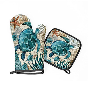 Sea Turtle Oven Mitts and Pot Holders 2pcs, Ocean Animal Hot Pads Kitchen Heat Resistant Non-Slip Textured Potholders Set for Cooking Oven Gloves Baking BBQ