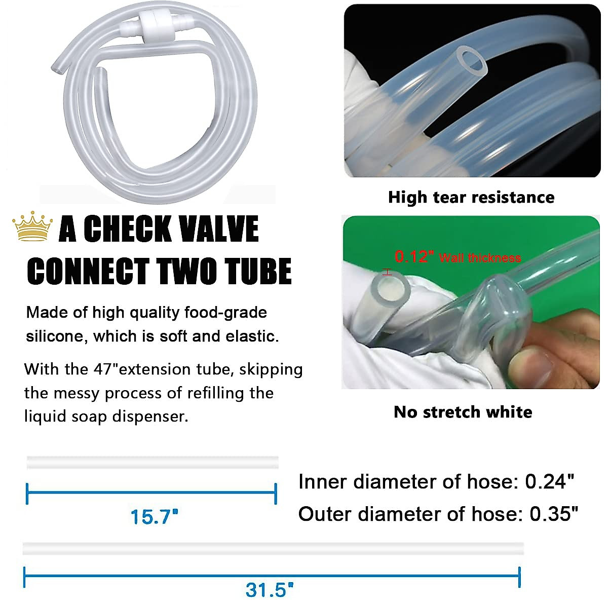 Soap Dispenser Extension Tube Kit with Check Valve, 47" Under Counter Soap Dispenser Tube for Kitchen Sink, Fit Most Soap Containers, Powerful Suction, Never Fill The Little Bottle Again SonTiy