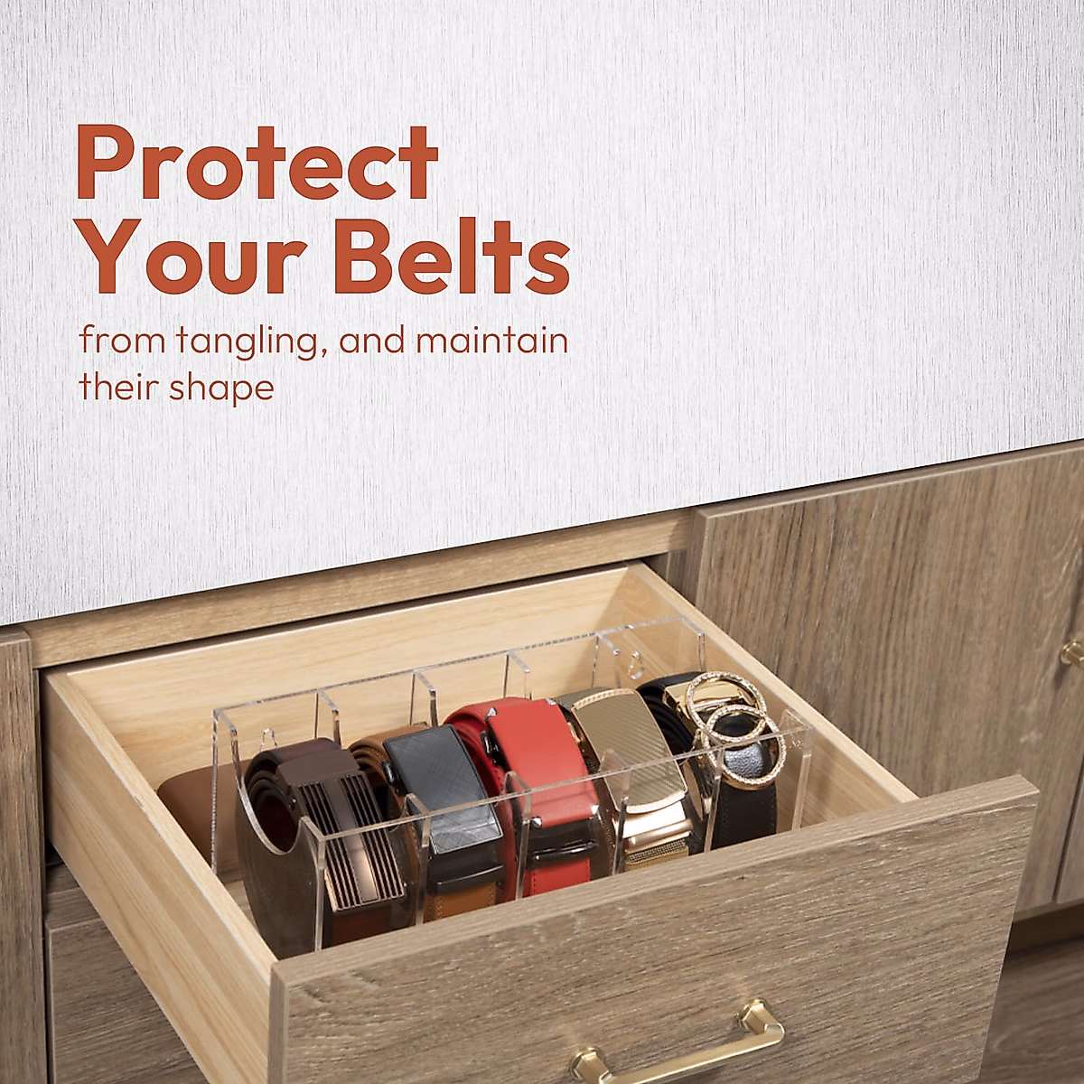 PROKTIK Acrylic Belt Organizer - 5 grid Belt Holder – Wall Mount Belt Storage – Tie and Belt Organizer for Closet and Drawer – Belt Display - Organizer for Belts, Ties, Watches, Cosmetics, Underwear
