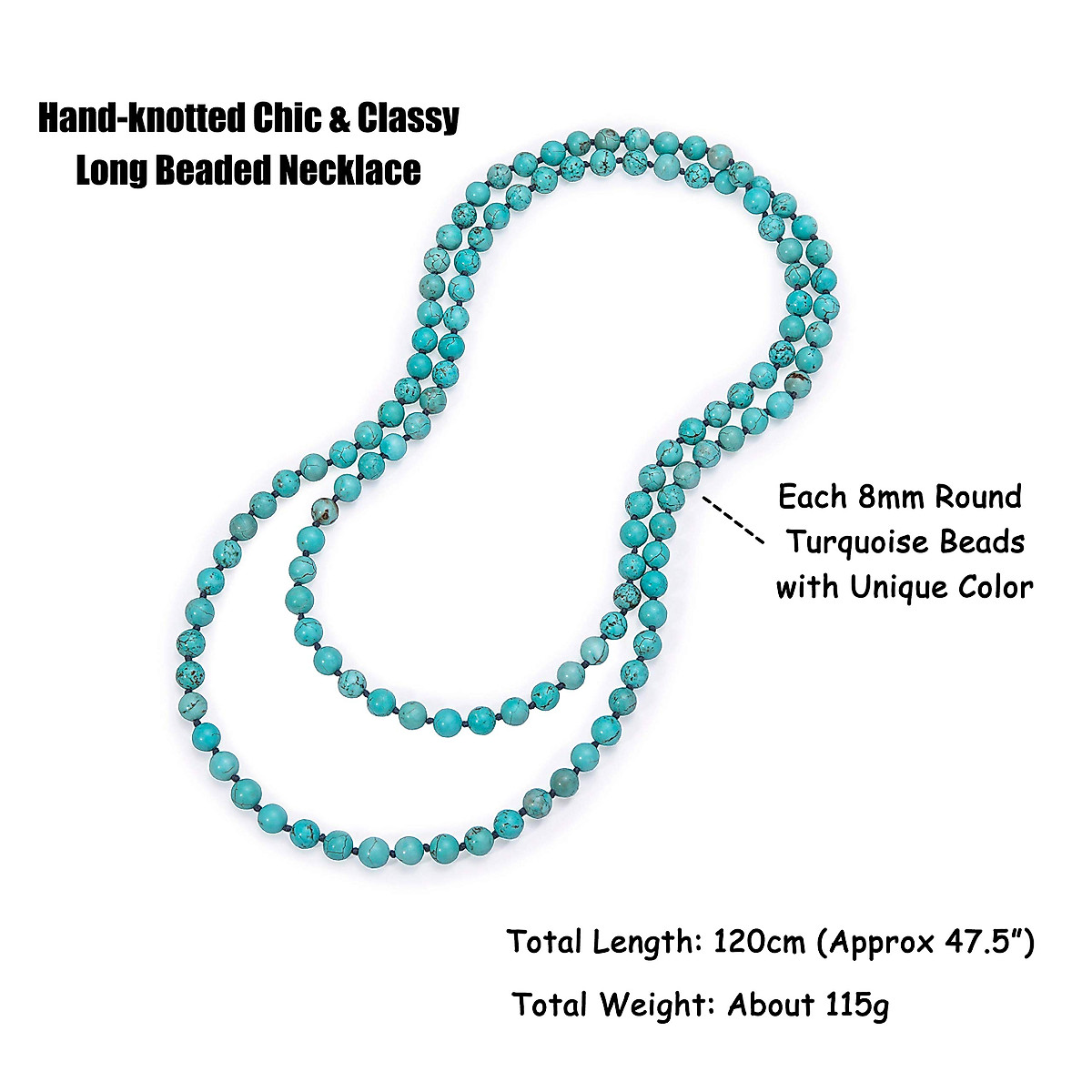 PEARLADA Boho Turquoise Necklace Long Beaded Necklace Strand Handmade Knotted Jewelry for Women Fashion Beads Endless Necklace