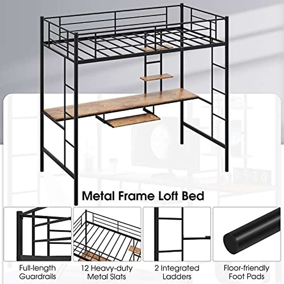 Giantex Twin Loft Bed with Desk and Bookcase, Metal Bunk Bed Frame w/Guardrail & Bilateral Ladder for Kids Teens Adults, Space-Saving Loft Bed with Keyboard Tray, No Box Spring Needed, Black