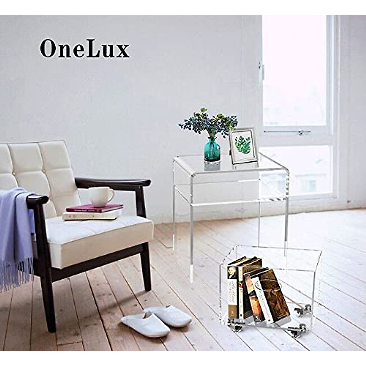 ONELUX 2088 Clear Acrylic nightstand with an Extra Storage Basket on Wheels,Clear Decorative End Table/Home Decor Display Tables,Bathroom Side Tables