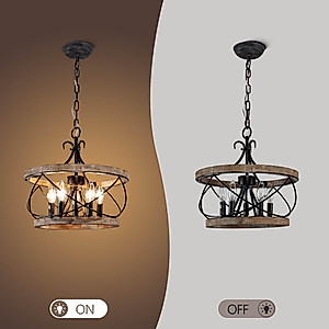 Dawn Whisper Farmhouse Chandelier, 15.7" Rustic Drum Chandelier Light Fixture over Table, 5-Light Candle Wood Chandelier for Dining Room, Kitchen