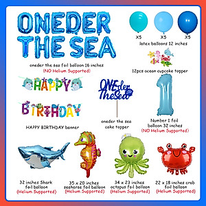 Under The Sea 1st Birthday Decorations - Ocean Ocean Theme First Birthday Party Decorations Ocean Blue Balloons, Oneder The Sea Crab Shark Octopus Seahorse Foil Balloon, Ocean Cake Cupcake Topper