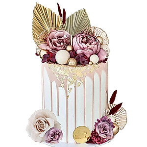 29Pcs Boho Cake Topper Palm Leaves Burgundy Red Flowers Balls Cake Decorations for Bohemian Wedding Baby Shower Birthday Party Supplies Mother's Day