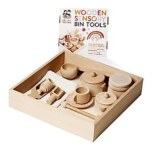 Sensory Bin Tools with Wooden Box, Montessori Toys for Toddlers & Kids, Set of 12 Wood Waldorf Toys for Transfer Work, Sensory Learning & Motor Skill Development
