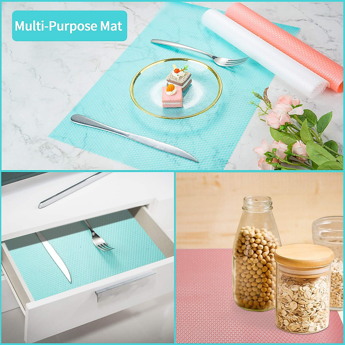 8 Pack Refrigerator Mats,T-melove Washable Fridge Mats,Non-Slip Refrigerator Pads for Drawers Shelves Cabinets and Placemats,17.71x11.41 Inch Can Be Cut,2 Clear/2 Blue/2 Pink/2 Green