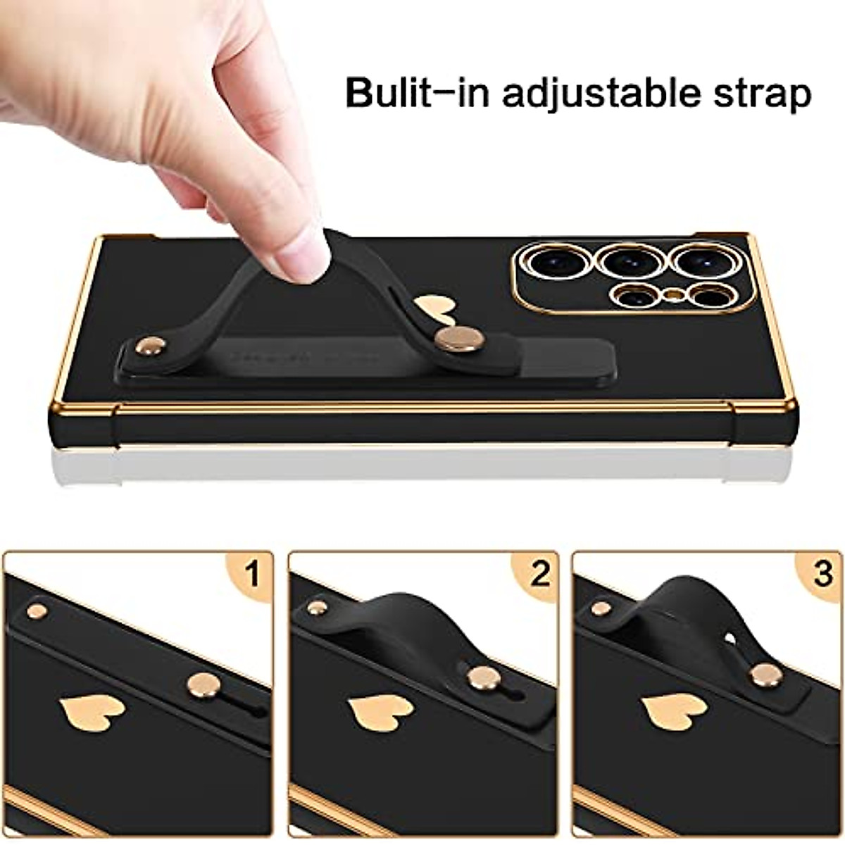 BENTOBEN Galaxy S23 Ultra Case with Adjustable Wristband Strap Kickstand,Slim Luxury Heart Design Plated Soft Bumper Women Men Girl Protective Cover Case for Samsung Galaxy S23 Ultra 6.8",Black/Gold