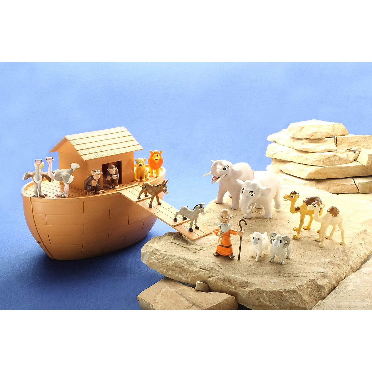 Bible Toys Noah's Ark 17 Piece Playset with Noah, 14 Animals and Floating Ark- Christian Based Faith Children Toys