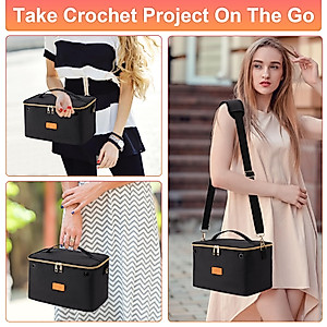 Mecozone Crochet Bag Organizer, Yarn Travel Bag for Crochet Accessories, Crochet Yarn Project Bag for Womens Girls, Gifts for Crochet Lovers-Black