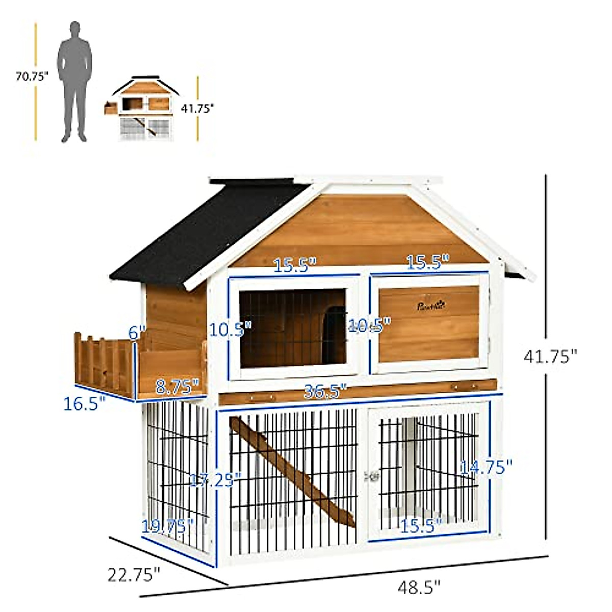 PawHut Rabbit Hutch Outdoor for 2 Rabbits, Wooden Rabbit Cage with Flower Bed, Removable Tray, Ramp