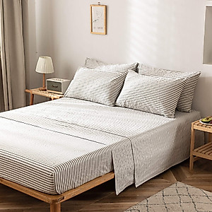 JELLYMONI 4-Piece Striped Cotton Sheet Set | Ultra-Soft, Brushed Bedding Sheets & Pillowcases | Wrinkle Free, Comfortable, All-Season Bed Sheets(Grey,Queen)
