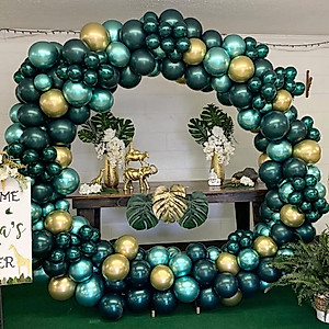 128Pcs Jungle Sarfari Balloon Garland Arch Kit, Double Stuffed Emerald Green Matellic Gold White Balloons with Artificial Palm Leaves for Wild One Animal Party Decorations Kids Birthday Baby Shower