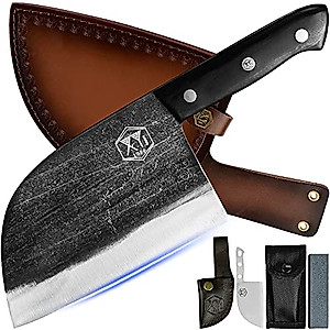 XYJ Authentic Since 1986,Outstanding Ancient Forging,6.7 Inch Full Tang,Serbian Chefs knife,Chef Meat Cleaver,Kitchen Knives,Set with Leather Sheath,Take Carrying,Butcher,for Camping or Outdoor