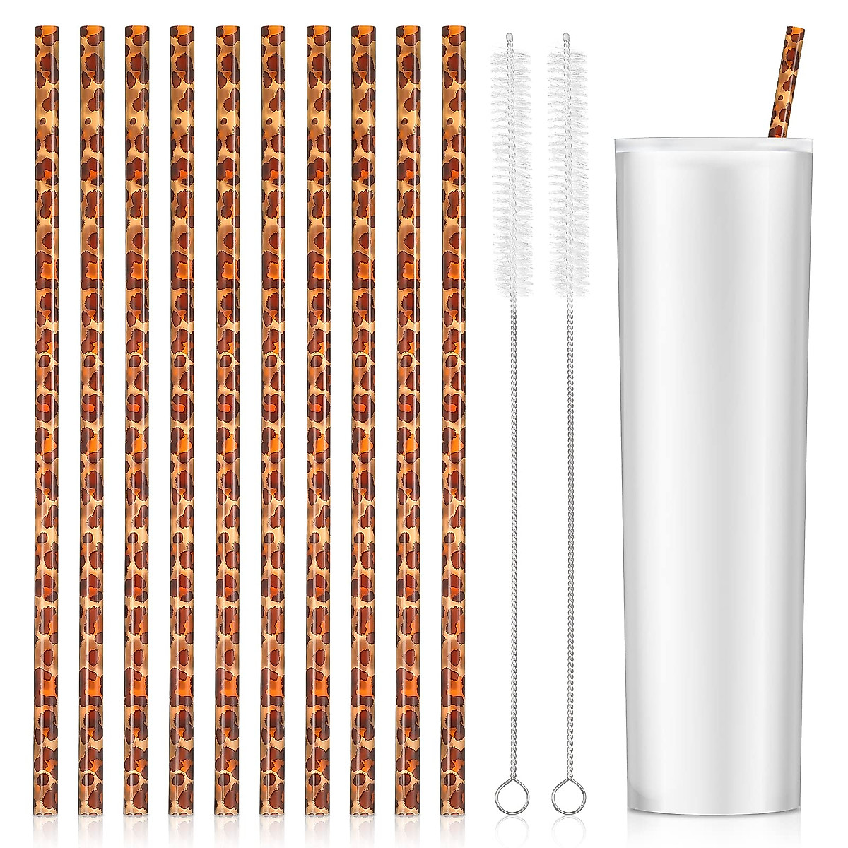 10 Pieces Tall Leopard Print Plastic Straws Set Cheetah Leopard Reusable Straws Safari Themed Disposable Drinking Straws with 2 Cleaning Brushes Fits 20oz, 22oz, 32oz Tumblers