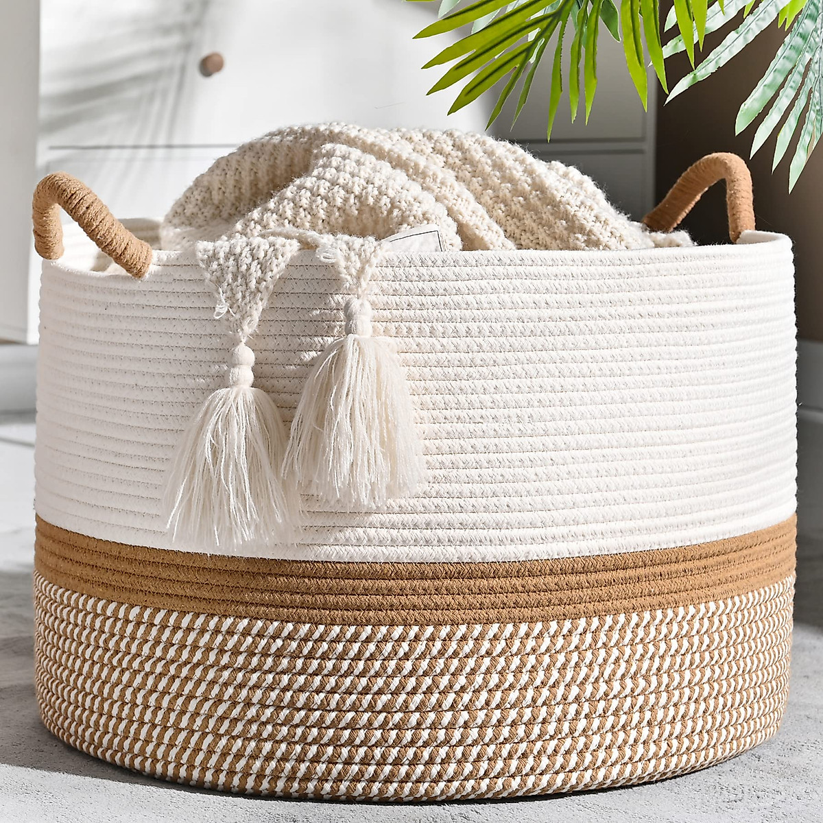 KAKAMAY Large Blanket Basket (20"x13"),Woven Baskets for storage Baby Laundry Hamper, Cotton Rope Blanket Basket for Living Room, Laundry, Nursery, Pillows, Baby Toy chest (White/Brown)