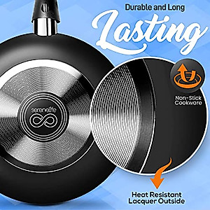 SereneLife Kitchenware Pots & Pans Basic Kitchen Cookware, Black Non-Stick Coating Inside, Heat Resistant Lacquer (6-Piece Set), One Size
