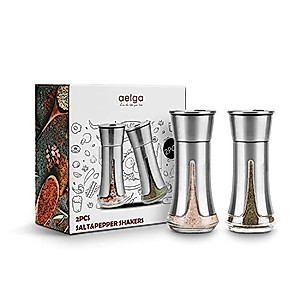 Salt and Pepper Shakers by Aelga - Salt Shaker with Adjustable Pour Holes -Salt and Pepper Set for Himalayan, Kosher and Sea Salts