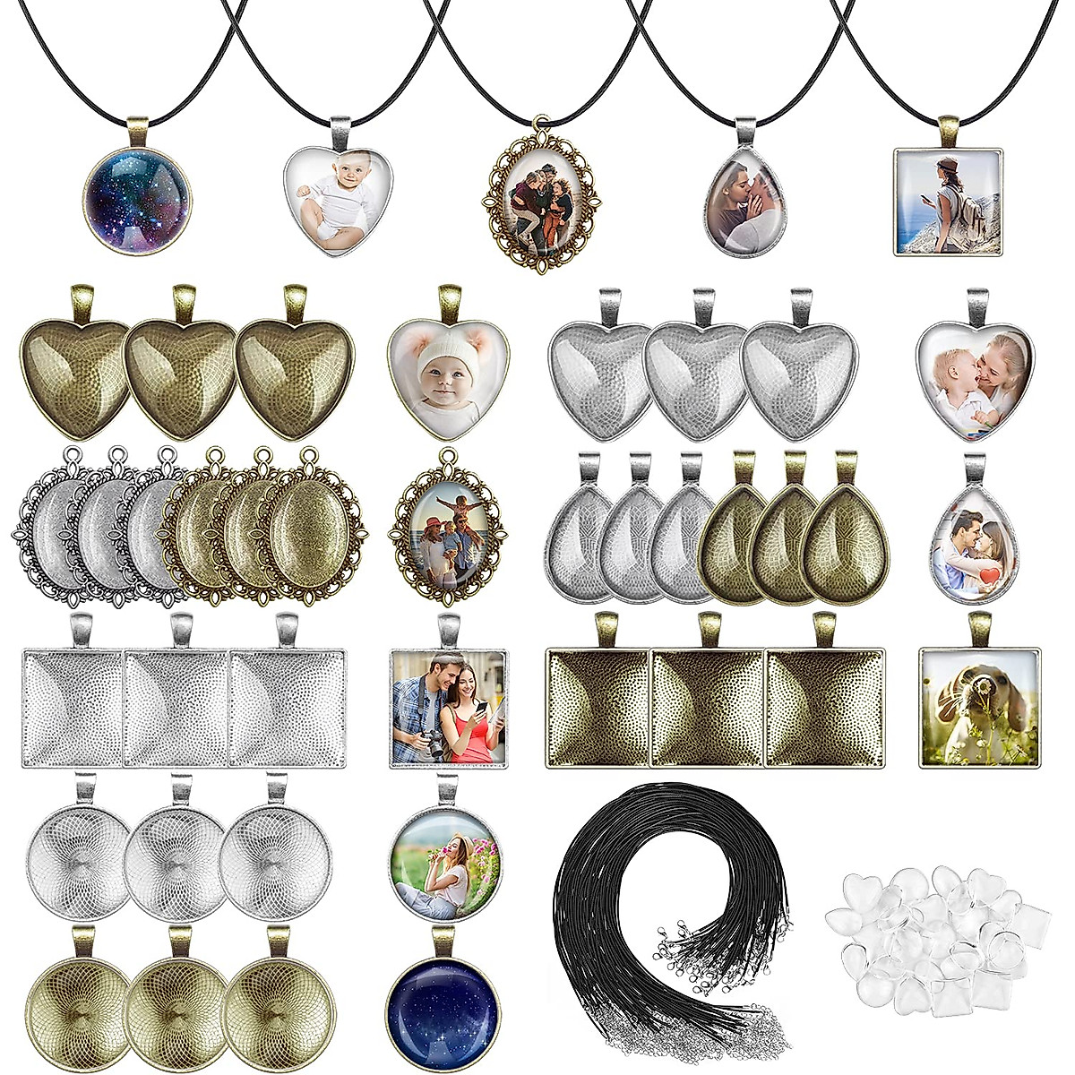 Pendant Trays with Glass Cabochons for Jewelry Making, Anezus 90pcs Pendants Trays Set Including 30pcs Bezel Pendant Trays Blanks, 30pcs Glass Cabochons and 30pcs Necklaces Cords for Necklace Making