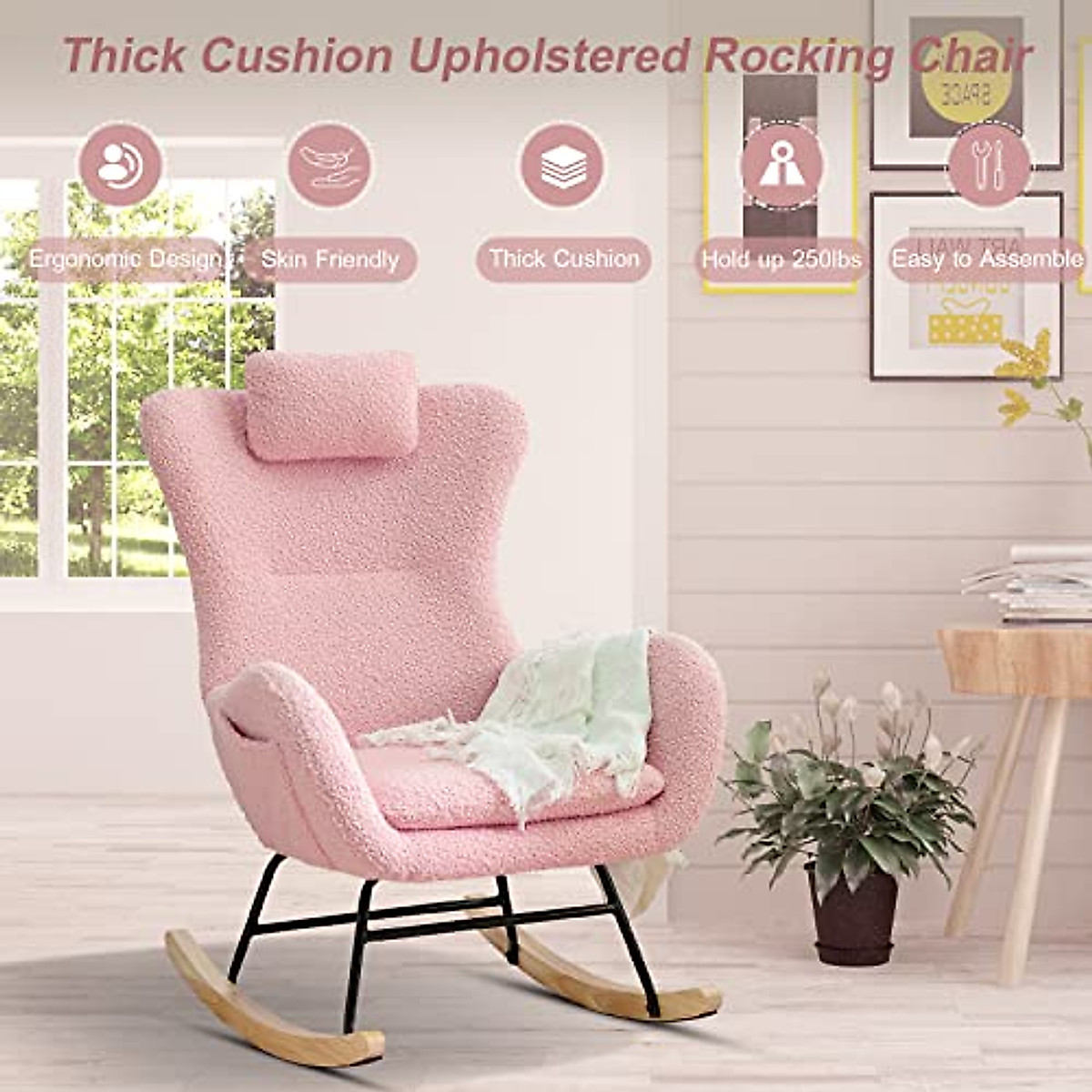 Kvutx Teddy Upholstered Nursery Rocking Chair - Comfy Pink Glider Rocker with Padded Seat, High Backrest, and Armrests for Living Room Bedroom Offices (Pink)