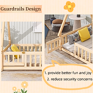 Mirightone Tent Floor Bed for Kids Full Size Montessori Floor Bed with Slats and Guardrails Wood Teepee Bed Frame with Fence and Door for Boys Girls, Natural