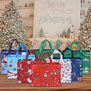 emzrivo Christmas Gift Bags 8 Pack Large Christmas Tote Bags with Handle, Christmas Treat Bags Reusable Non-Woven Holiday Gift Bags for Xmas Gifts Wrapping Christmas Party Supplies, 12.8"×9.8"