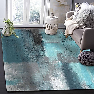 Contemporary Non-Slip Area Rug Turquoise and Grey Abstract Art Painting Teal Printed Rugs Art Carnival Rubber Backing Living Room Floor Mats Rectangle Area Rug Carpet for Indoor 2.7'x5'