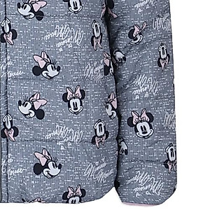 Disney Girl's Minnie Mouse Print Hooded Puffer Jacket with Ears and Pink Bow, Grey, Size 5