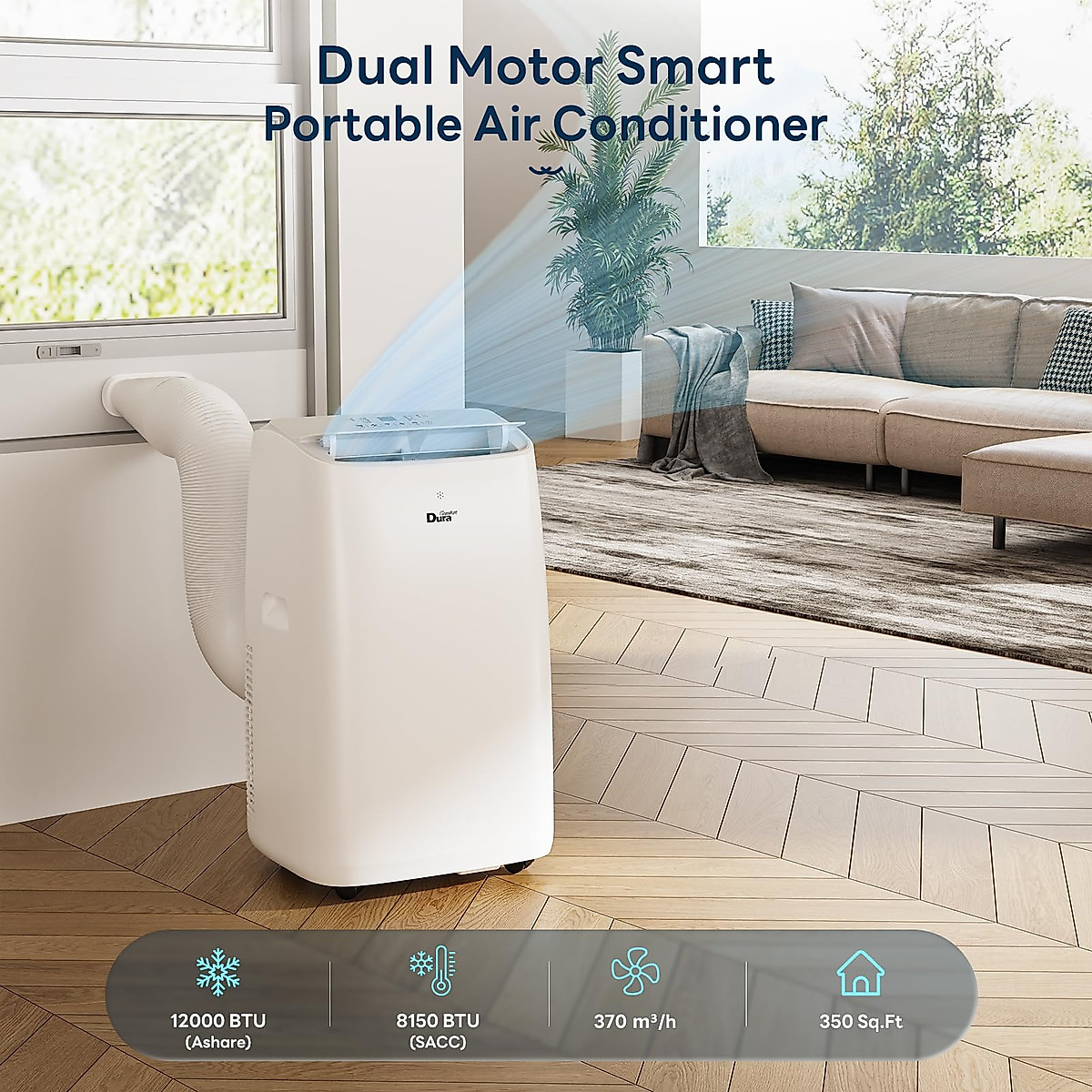 DuraComfort Portable Air Conditioner, 12000 BTU(ASHRAE) /8150 BTU (SACC) Smart AC Unit, Built-in Dehumidifier and Fan Modes, Mobile App, Cools up to 350 Sq.Ft, White