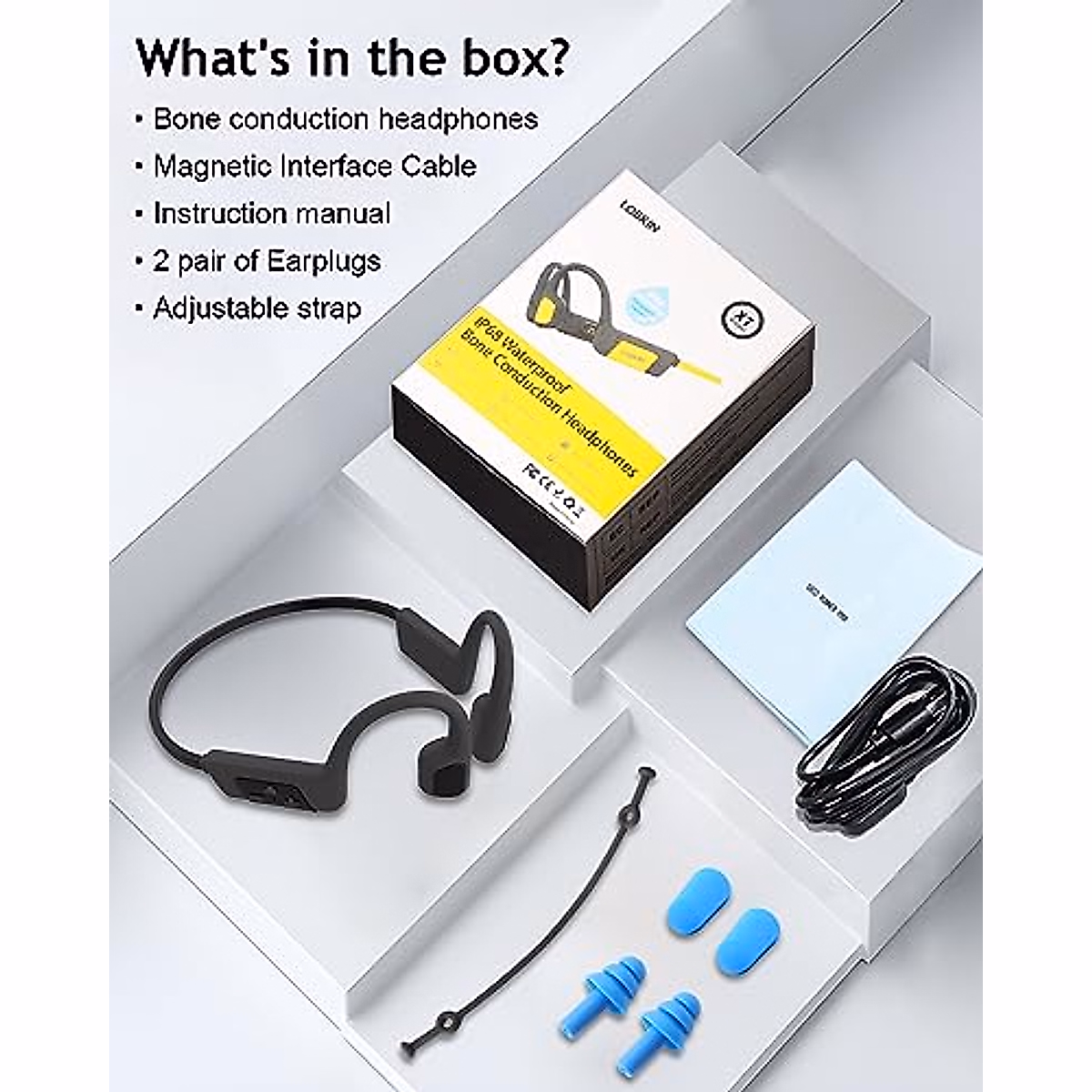 LOBKIN Bone Conduction Headphones Bluetooth 5.3 - Wireless Open Ear Headphones Built-in Mic & 32GB Memory MP3 Player, IP68 Waterproof Ultralight Sport Headphones for Swimming Running