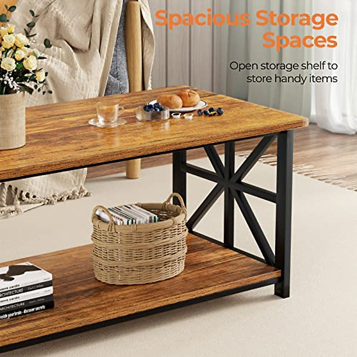 GreenForest Coffee Table with Round Corner, Farmhouse Center Table with 2-Tier Storage Shelf X-Frame Design for Living Room, 39 inch Walnut