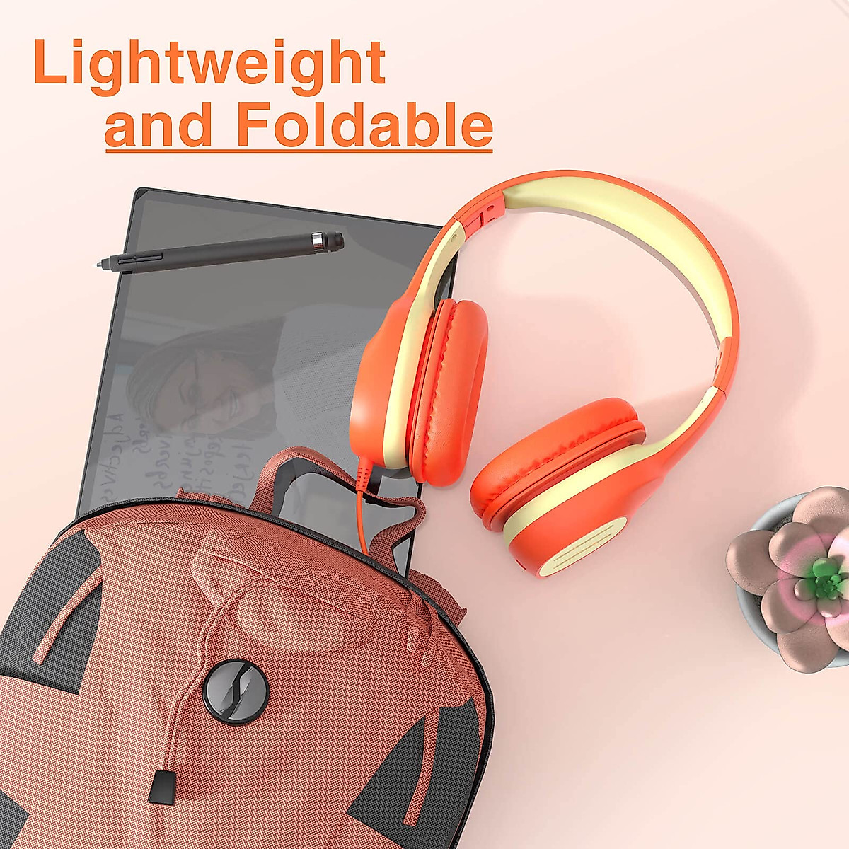 BERIBES Kids Headphones, [Vibrant Orange] Sharing Function HiFi Stereo Comfortable Fit Foldable Headphones for Kids with Microphone, Volume Limiter 85/94dB for School, Online Learning, Kindle, Plane