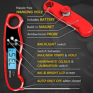 Digital Instant Read Meat Thermometer - Waterproof Kitchen Food Cooking Thermometer with Backlight LCD - Best Super Fast Electric Meat Thermometer Probe for BBQ Grilling Smoker Baking Turkey