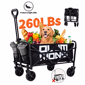 Olymmons Collapsible Folding Wagon Carts 260lbs Weight Capacity Heavy Duty Foldable Utility Wagon Cart with All Terrain Wheels for Camping,Shopping,Grocery,Beach,Garden