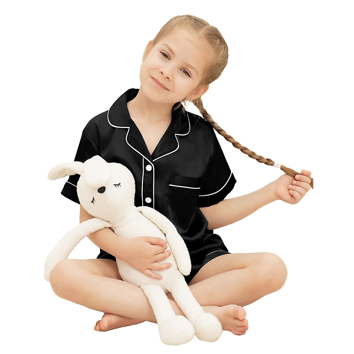 SWOMOG Kids Silk Satin Pajamas Set Girls Boys Button-Down Sleepwear Short Sleeve 2 Piece PJs Sets Lounge Sets Black 120 CM