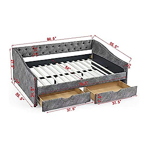 EMKK Full Size Daybed with Drawers Upholstered Tufted Sofa Bed, with Button on Back and Copper Nail on Waved Shape Arms,Storage Platform Bed for Kids Teens and Adults