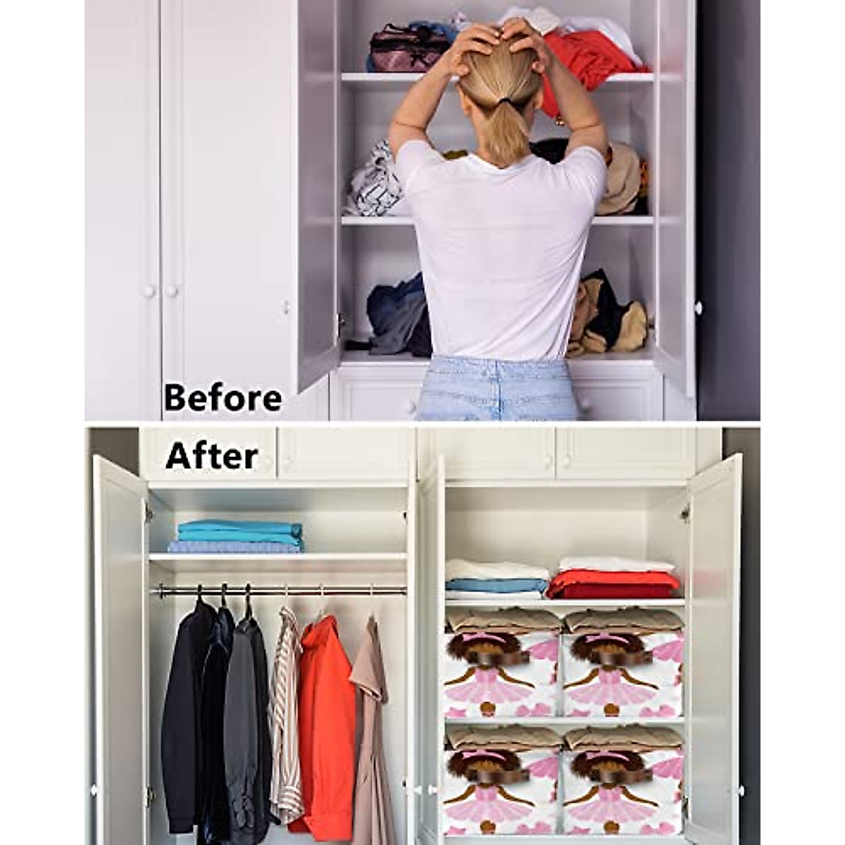 Storage Basket Pink Ballet Girl Storage Bin with Handles, Cute Princess Africa American Dancer Collapsible Organizer Storage Cubes Bins for Closet, Laundry Clothes, Bathroom, Nursery Toys