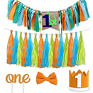 PhantomSky Baby Boy's & Girl's1st Birthday Burlap Banner 1st Birthday Party Decorations for Rag Tie Fabric Garland Cake Topper Hat Crown Burlap Highchair Banner Baby Shower Photo Props(Dinosaur)