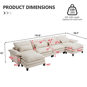 154" Oversized Modular Sectional Sofa , Ice Velvet Large U-Shaped Couch Comfy Upholstered 4-Seat Sofa with 2 Movable Ottoman, 4 Lumbar Pillow, Deep Seat Couch for Living Room,DIY Combination Beige