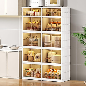 EHAMILY Pantry Cabinet Plastic Foldable with Doors Clear Collapsible Storage Cabinet with Wheels Large Folding Stackable Closet Storage 5-Tier 10Grids Easy Assemble