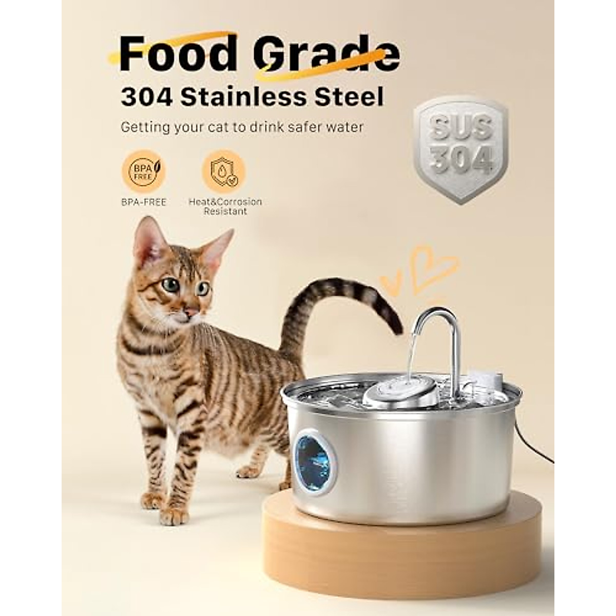 Cat Water Fountain Stainless Steel: Cat Fountain for Drinking Dog Water Bowl Dispenser 108oz/3.2L Automatic Kitty Spout Metal Pet Water Fountain Indoor KOOGMOON