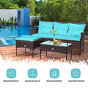 RELAX4LIFE 3 Pieces Patio Furniture Sectional Set, Rattan Wicker Conversation Set W/ 5 Cozy Seat & Back Cushions, Tempered Glass Coffee Table for Poolside, Backyard Outdoor Furniture (Turquoise)